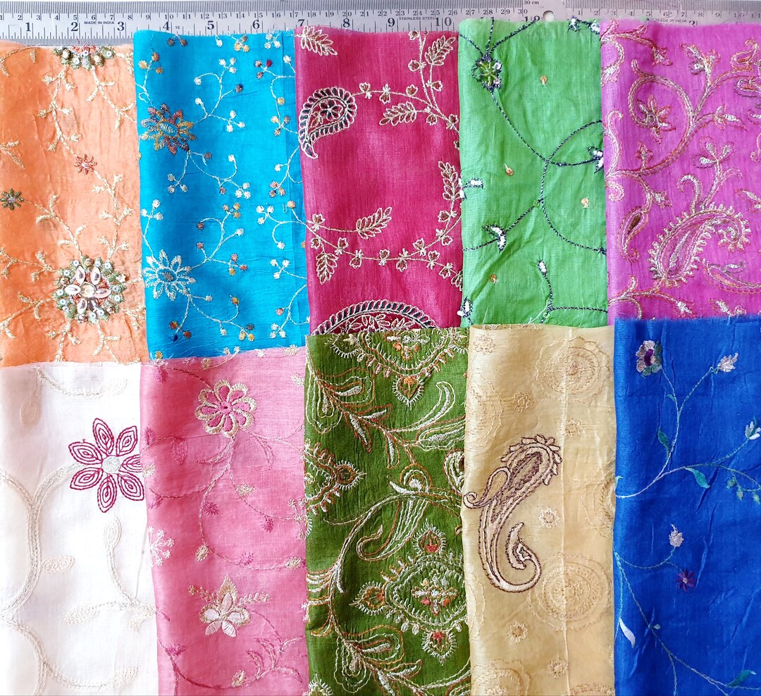 Pure Sari Silk Fabric Embroidered Remnants EMBROIDERED 8 Inch * 8 Inch ...
