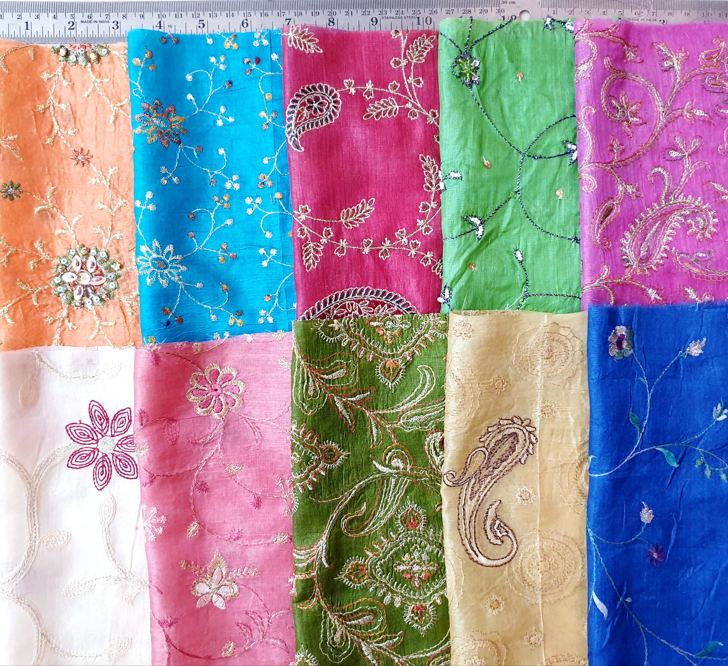 Pure Sari Silk Fabric Embroidered Remnants EMBROIDERED 8 Inch * 8 Inch ...