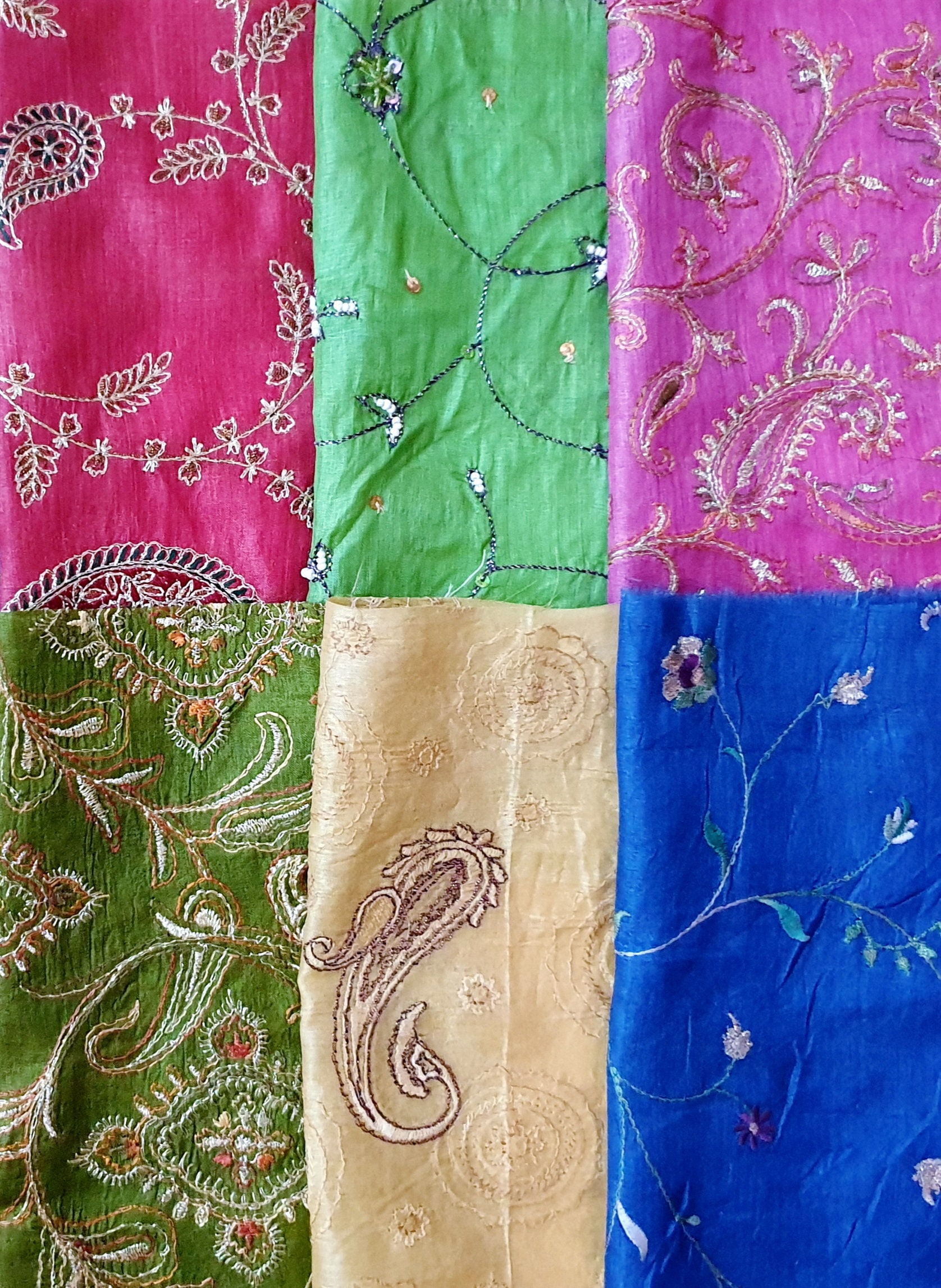 Pure Sari Silk Fabric Embroidered Remnants EMBROIDERED 8 Inch * 8 Inch ...