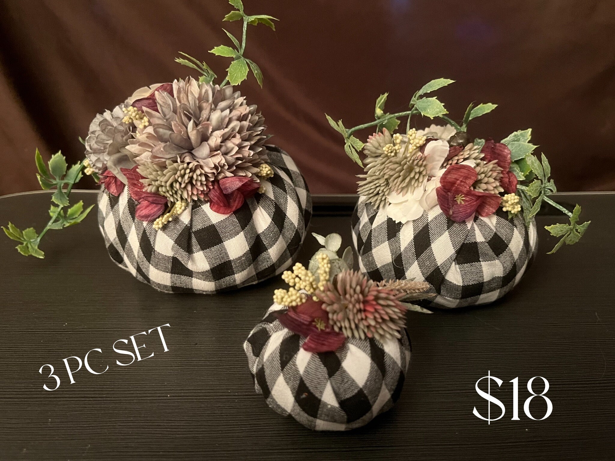 Three Piece Mini Pumpkin Set Black White Buffalo Plaid Farmhouse Decor ...