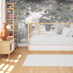 Children's World Map With Cute Animals on a Gray Background, World Map ...