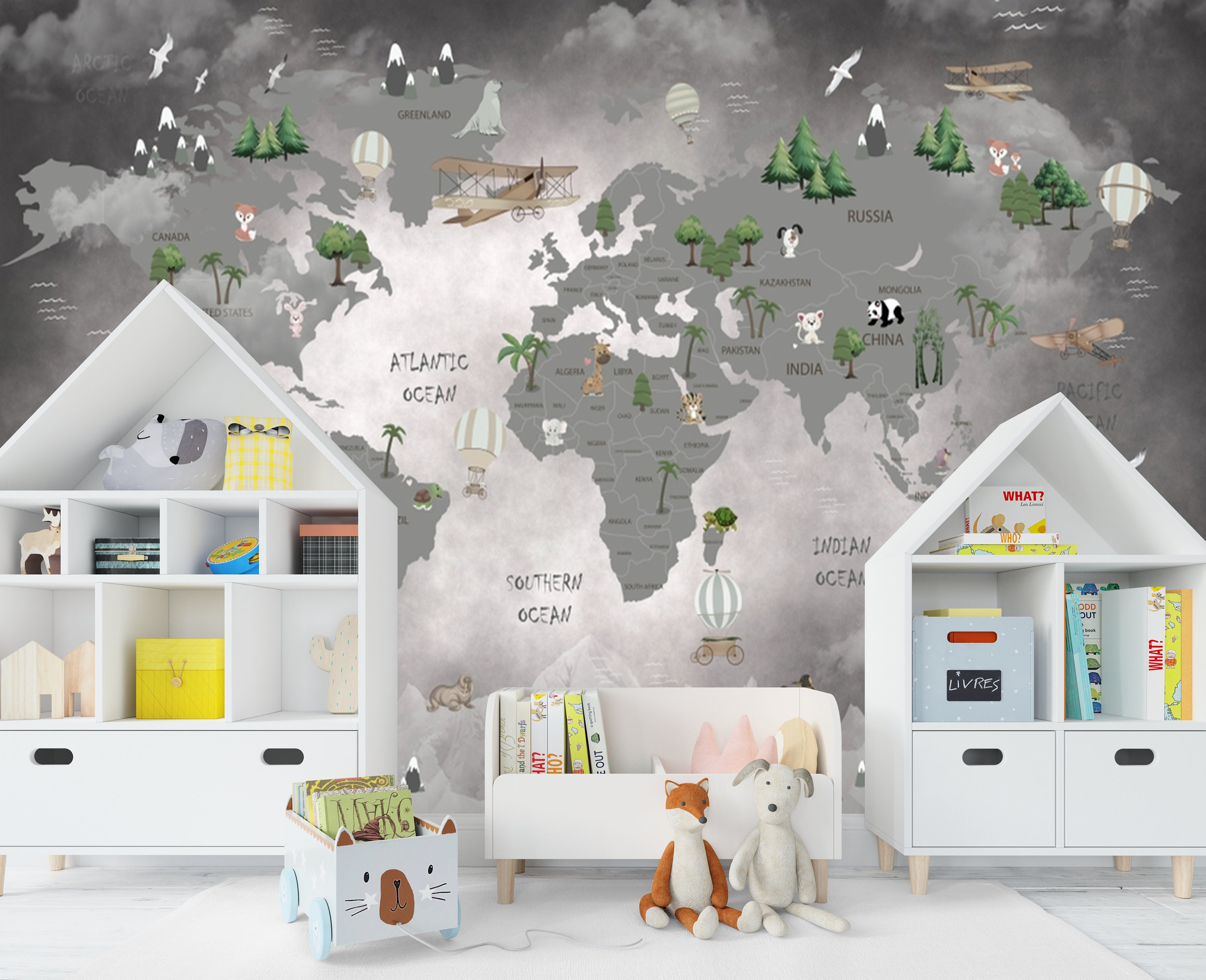 Children's World Map With Cute Animals on a Gray Background, World Map ...