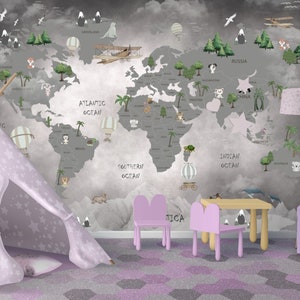 Children's World Map With Cute Animals on a Gray Background, World Map ...