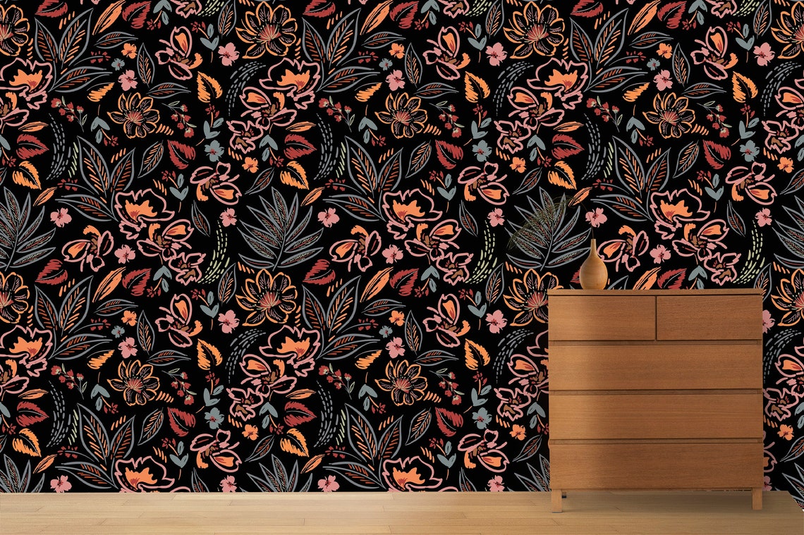 Hand Drawn Flowers Wallpaper Vintage Floral Illustration Removable - Etsy