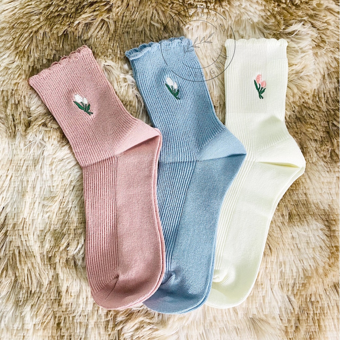 Cute Tulips Sock, Flower Embroidery Socks, Ruffle Ankle Socks, Floral ...