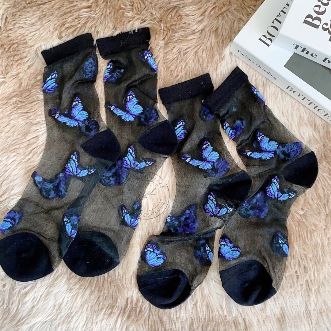 2 Pairs Purple Butterfly Crystal Socks, Summer Transparent Socks ...