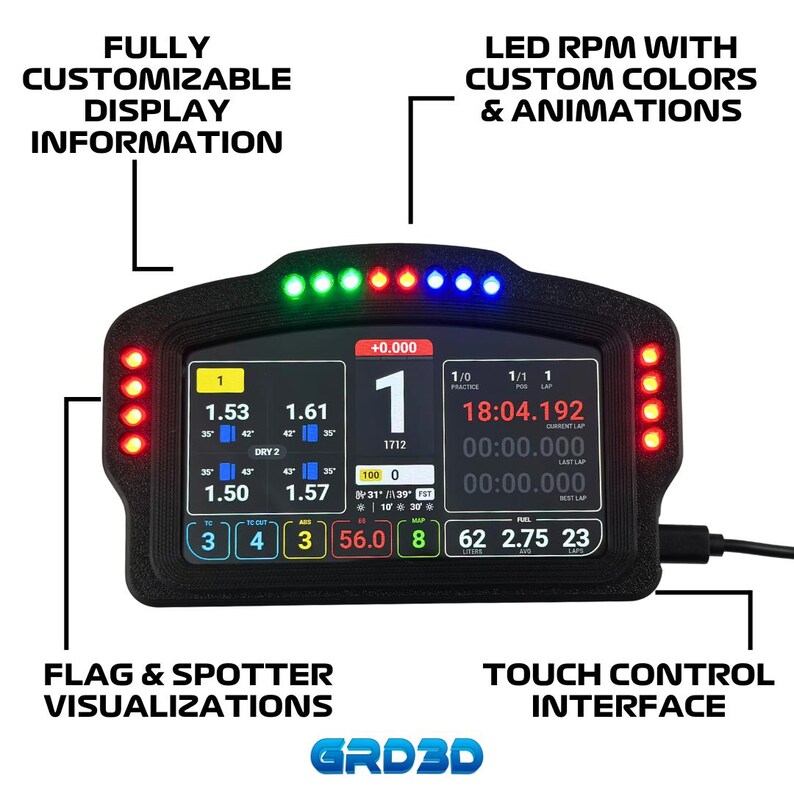 GRD3D Sim Racing Dashboard - 5-inch Touch Display, 16 RGB Leds for RPM ...