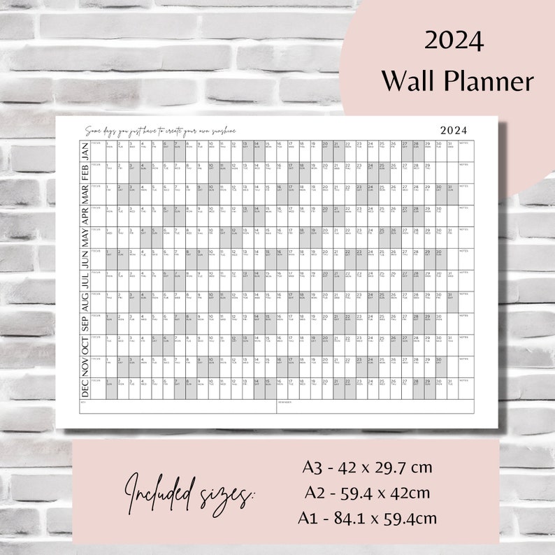 2024 Wall Planner, Printable Calendar, A1, A2, A3 Size Calendar, 2024 ...