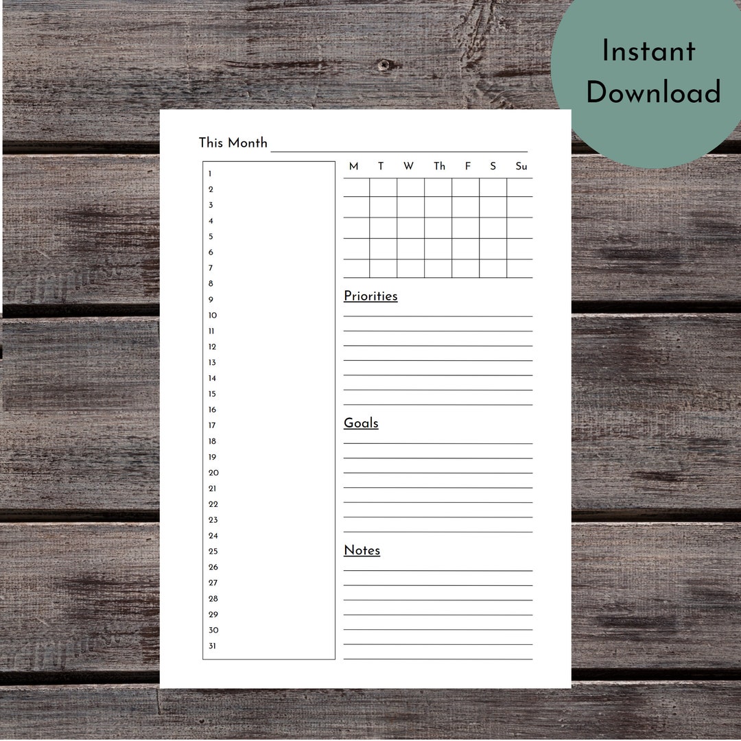 Undated Monthly Overview Planner - Printable Overview on One Page ...