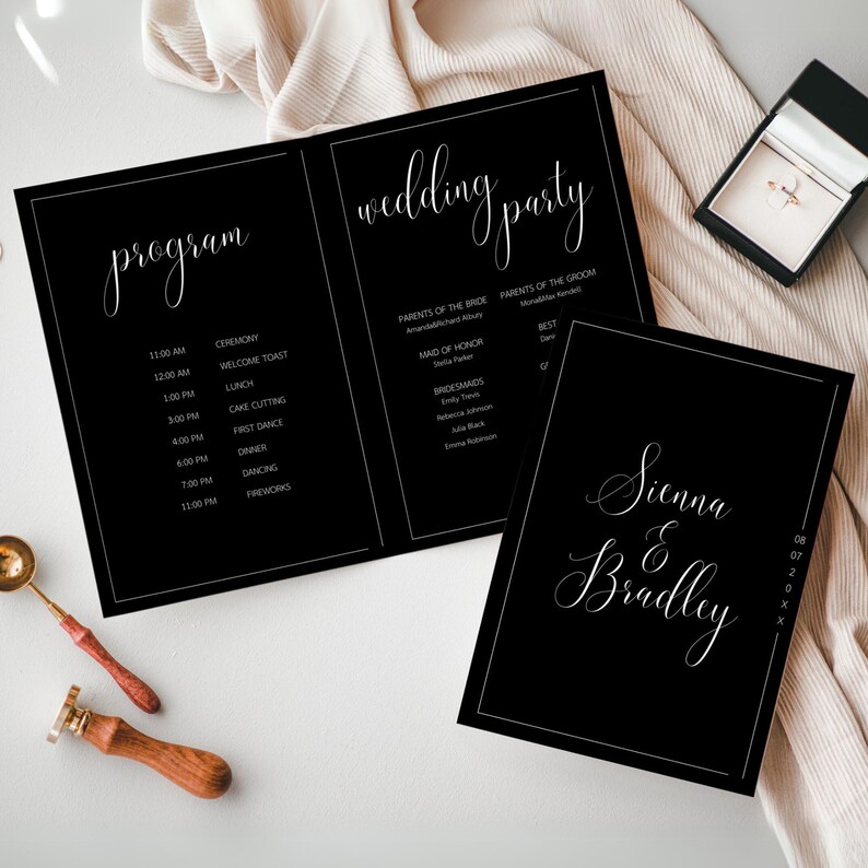 Black and White Wedding Program Template Editable, Minimalist Foldable ...