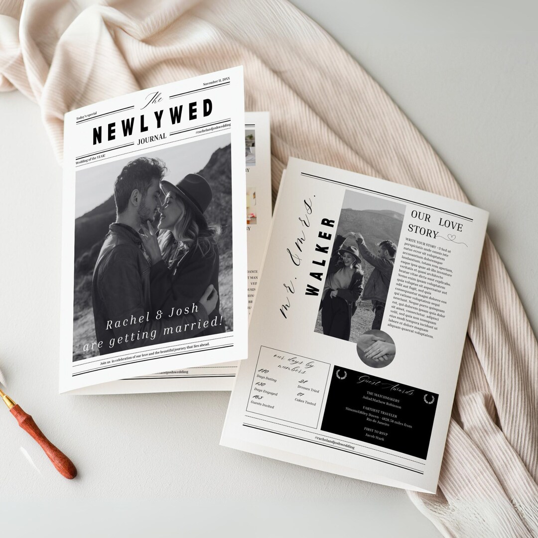 Wedding Newspaper Program Canva, Foldable Wedding Program Editable ...
