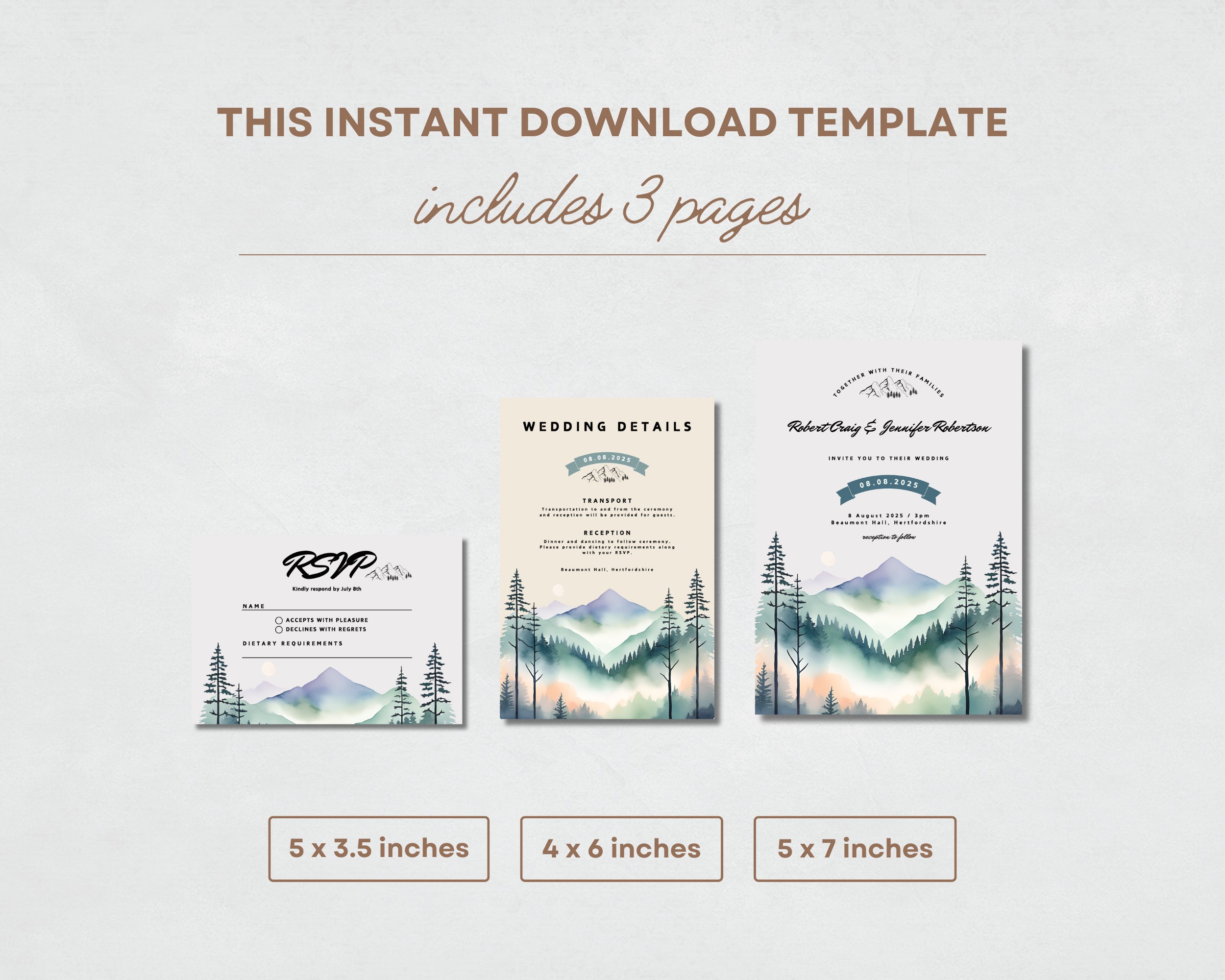 Forest Wedding Invitation Set Template, Mountain Invite Suite With ...