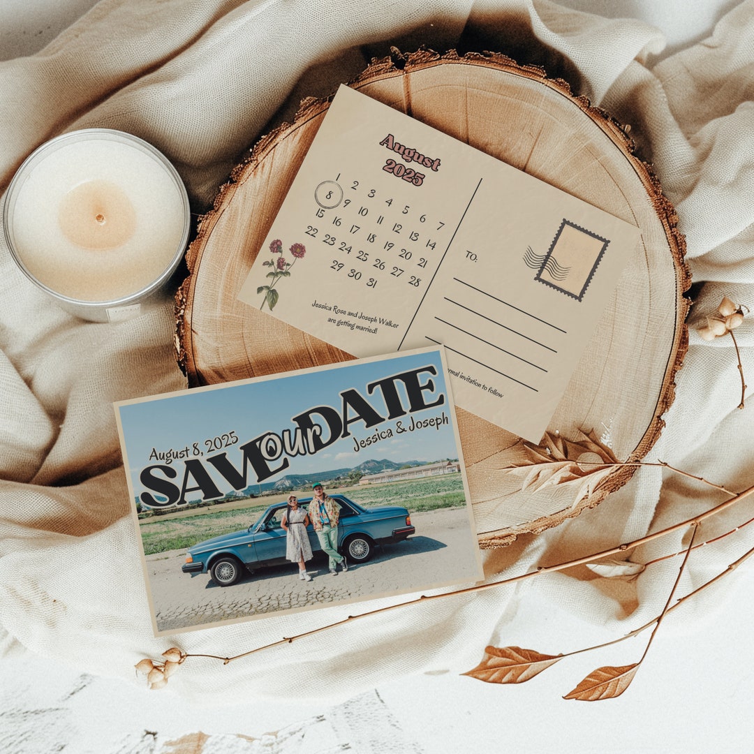 Retro Postcard Save the Date Template: Vintage Wedding Photo (digital ...