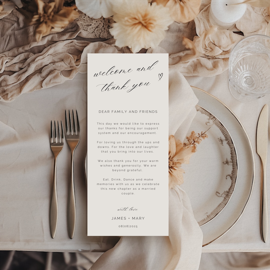Simple Welcome Napkin Note Template, Minimalist Wedding Table Thank You ...