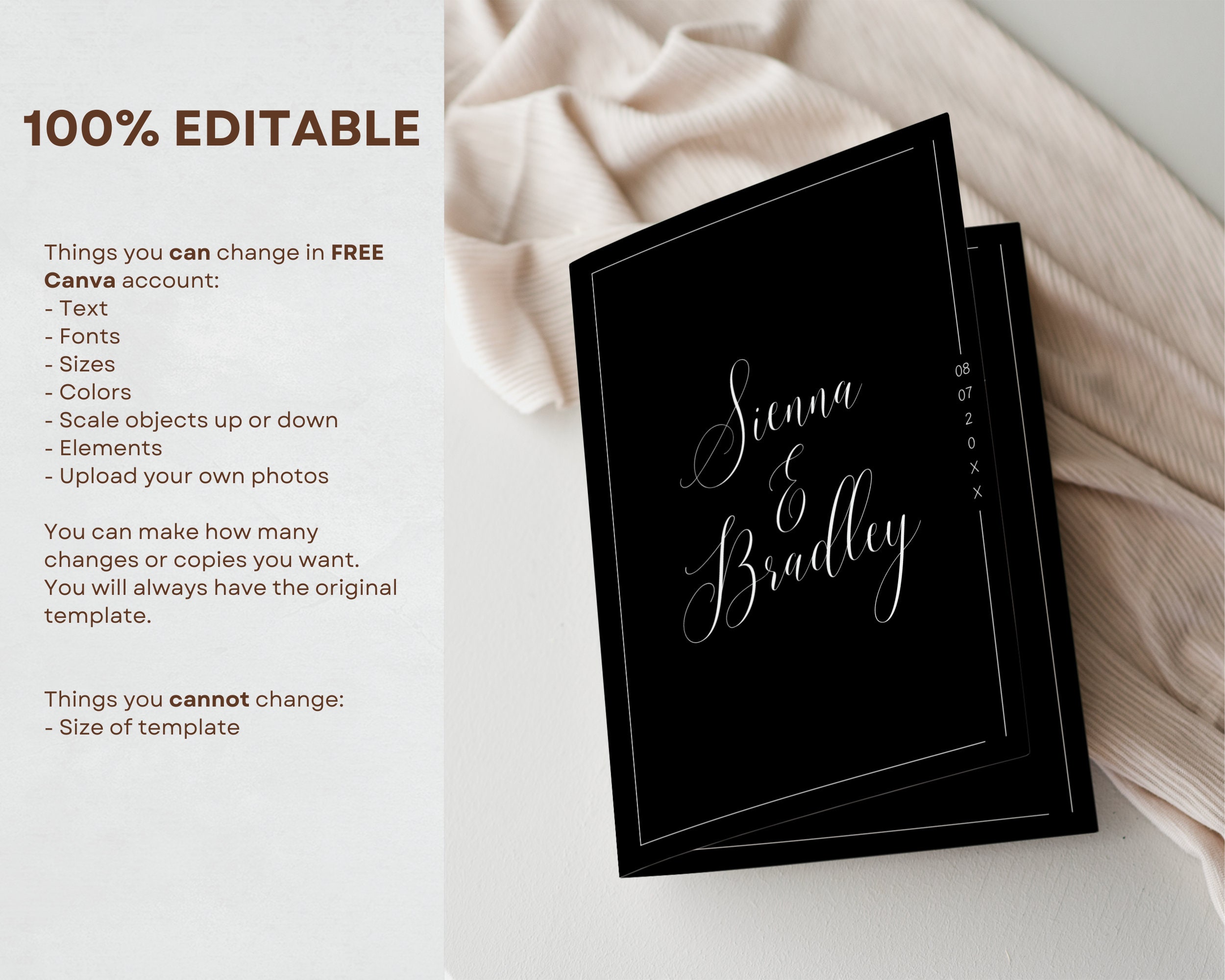 Black and White Wedding Program Template Editable, Minimalist Foldable ...