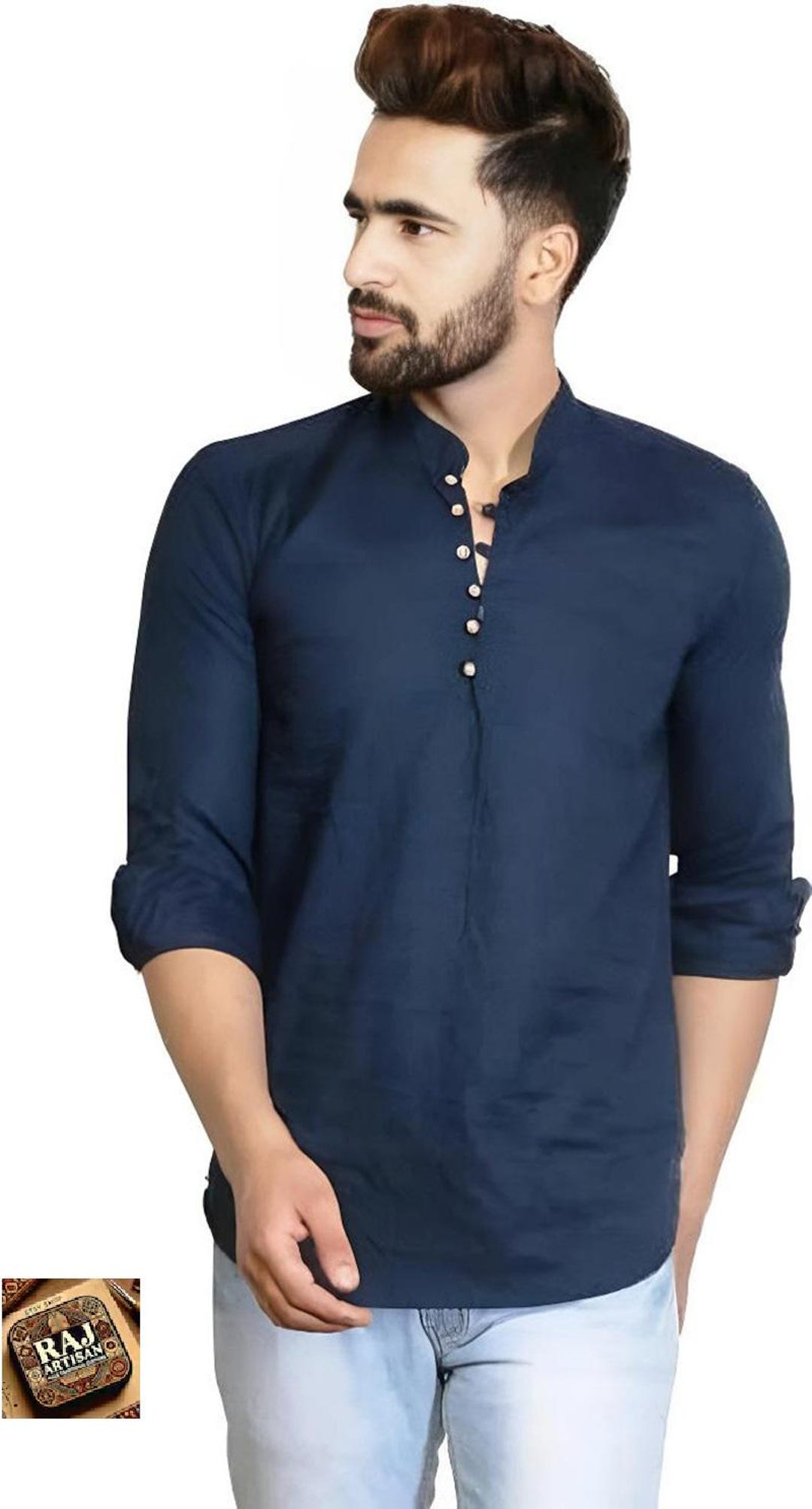 Indian Mens Short Kurta | Blue Kurta | Men Long Sleeve Short Kurta ...