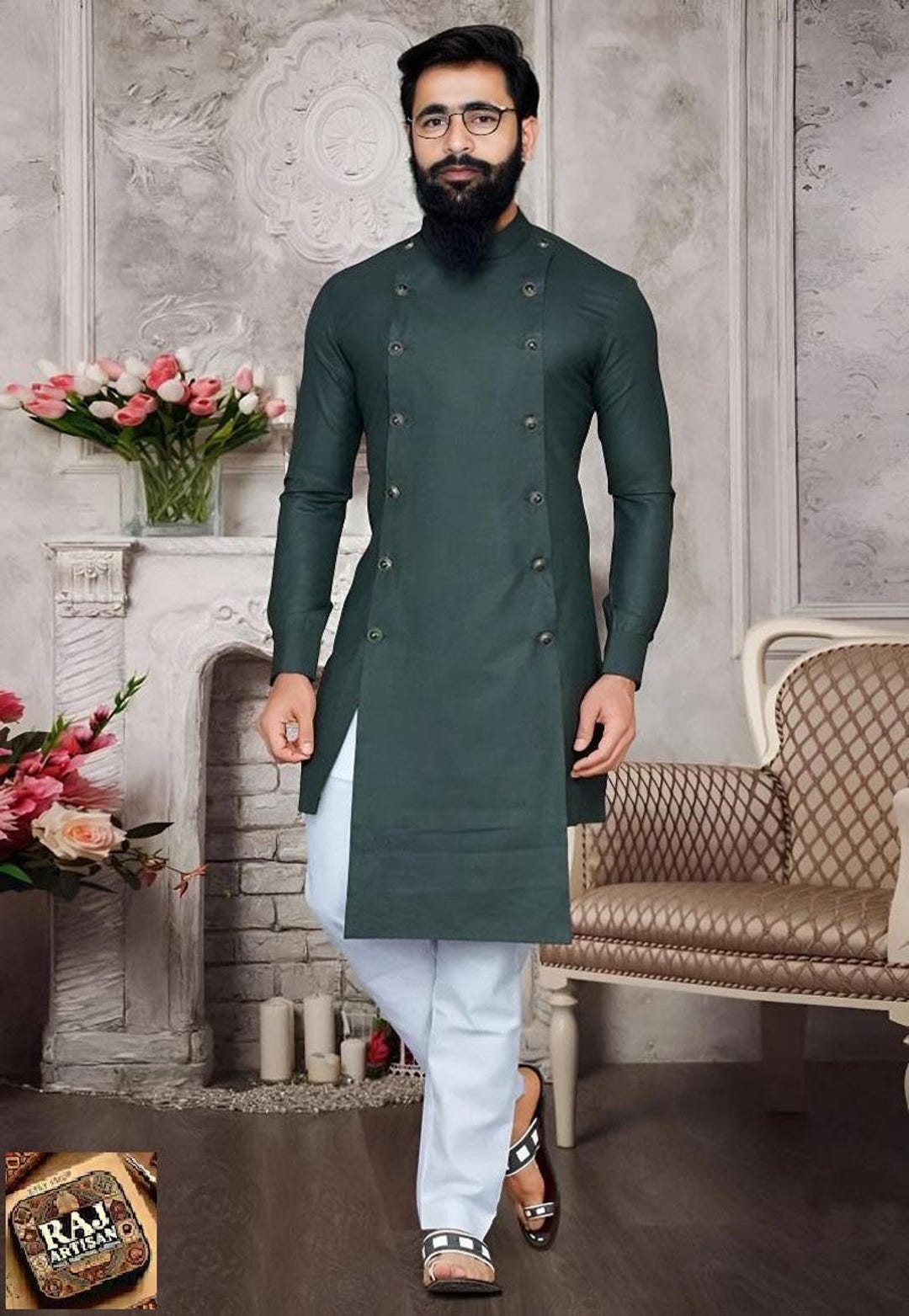 Indian Traditional Dark Green Color Kurta White Pajama Wedding Kurta ...