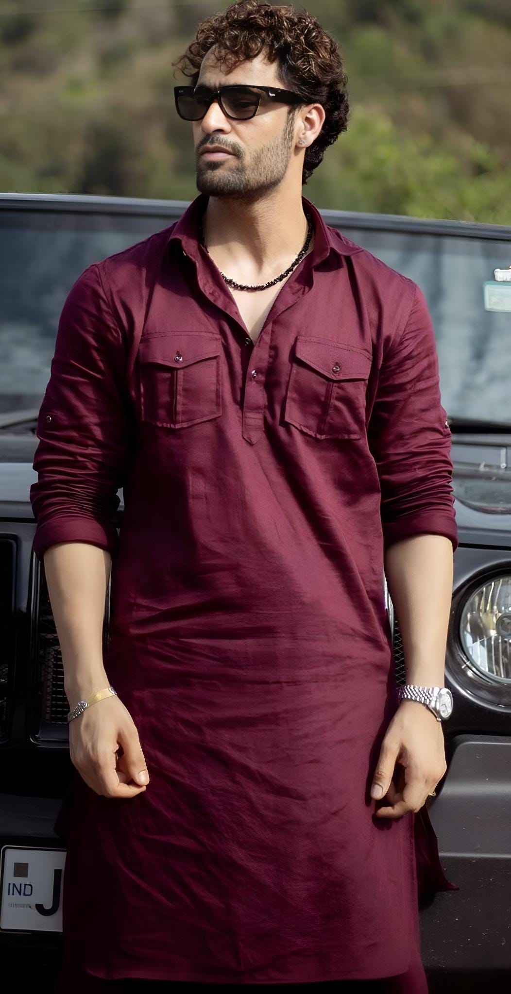 Indian Shirt Traditional Maroon Color Kurta Men Tunic Solid Color Plus ...