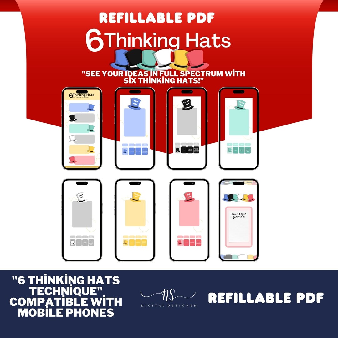 6 Thinking Hats, Interactive Fillable PDF: 6 Thinking Hats Technique - Etsy