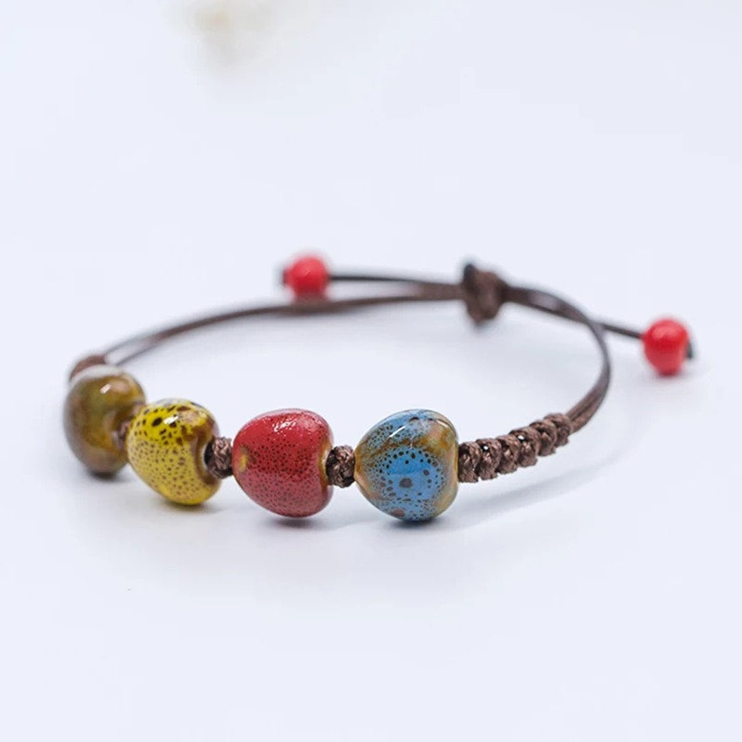 Bohemian Ceramic Bead Bracelet Adjustable Handcrafted Artisan Jewelry ...