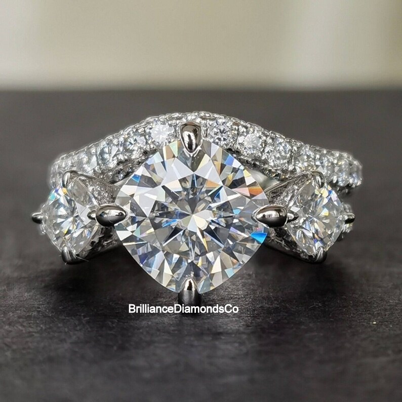 5 TCW Cushion Cut Three Stone With Pave Set Wedding Ring, Paired With ...