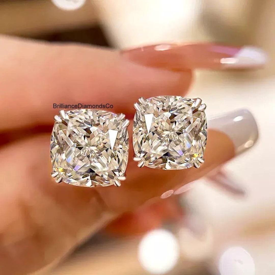 Elegant Double Prong 9MM Cushion Cut Studs, Sparkle Moissanite Diamond ...