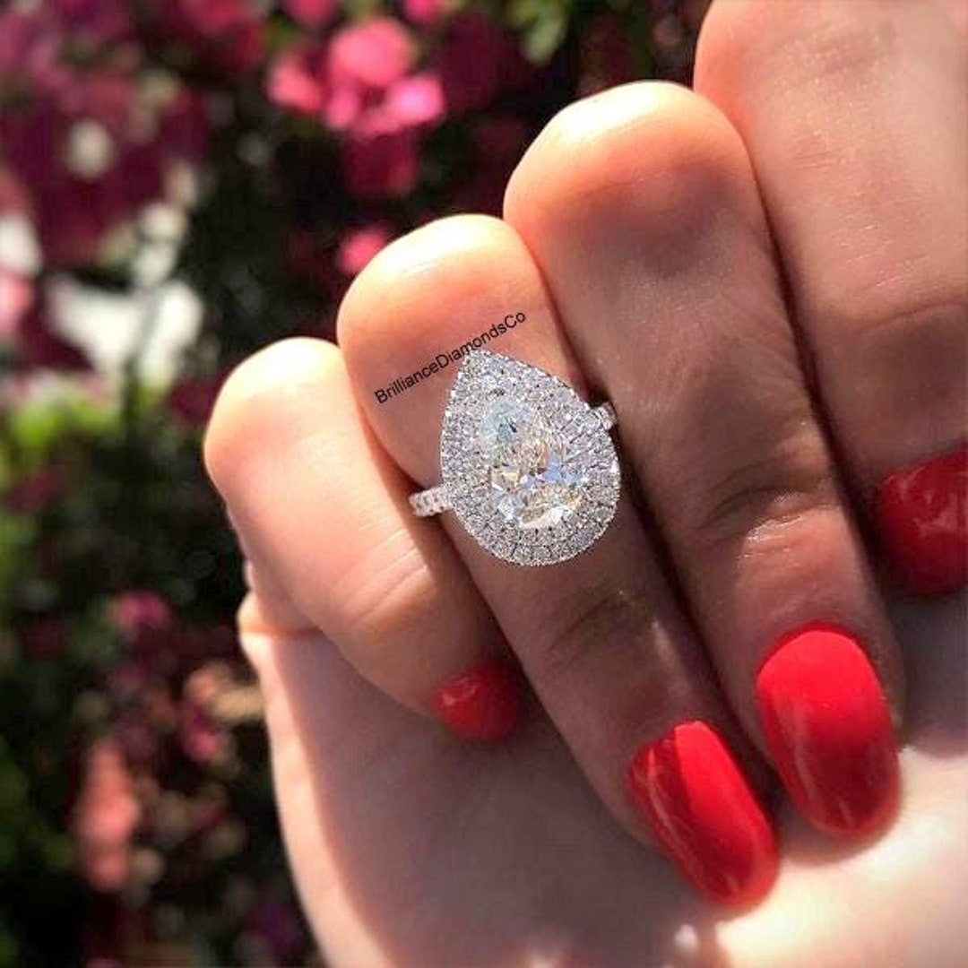 Teardrop Wedding Ring, 2.50 CT Pear Shape Colorless Moissanite Double ...