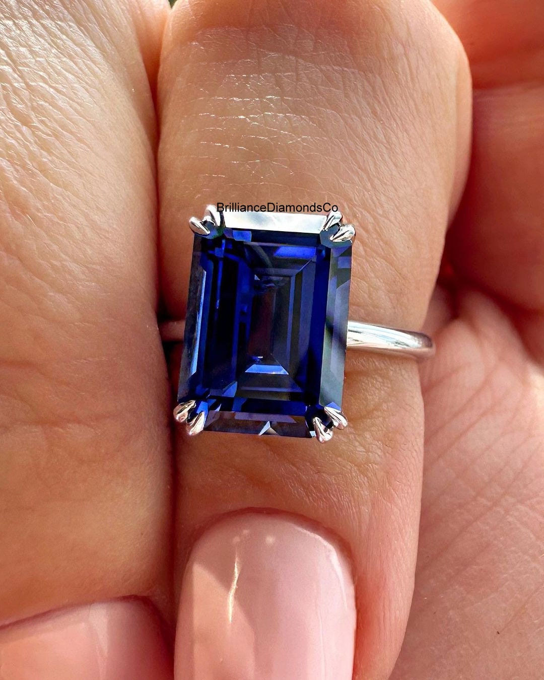 11X9 Mm Emerald Cut Blue Sapphire Gemstone Ring, Double Prong Set ...