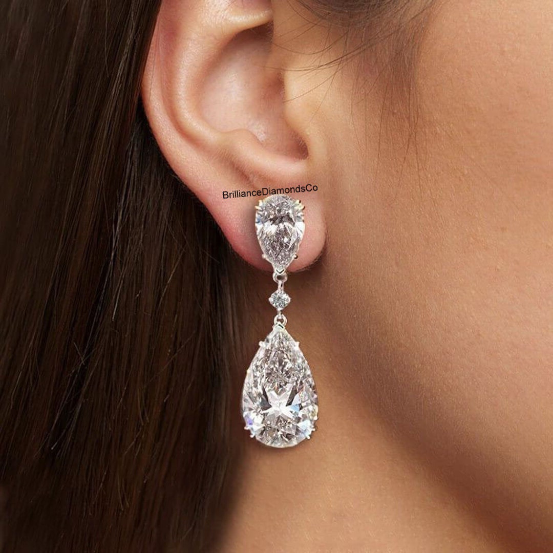Round and Pear Cut Moissanite Diamond Dangle Drop Earrings, Tear Drop ...