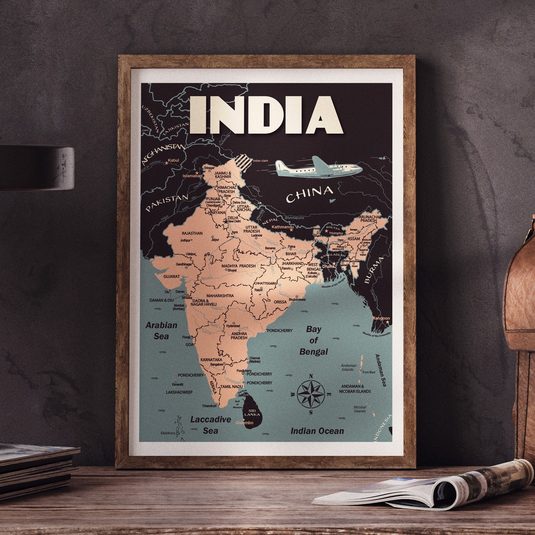 India Map Print: Vintage Style Travel Poster - Etsy UK