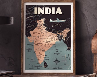 1937 India WWII Era Map, Vintage Map, Antique Map of India, Office Art ...