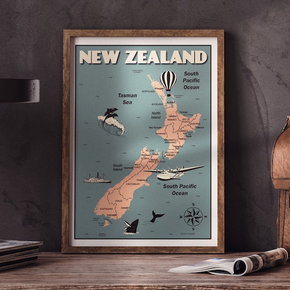 New Zealand Map With Geo Features National Geographic New Zealand Wall