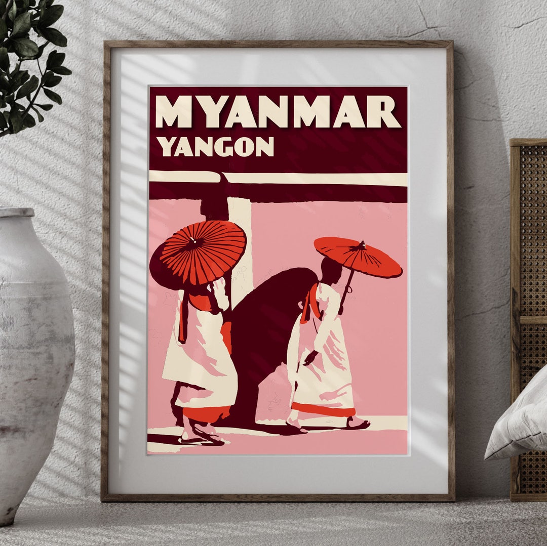 Myanmar Travel Poster | Buddhist Nuns in Yangon - Etsy