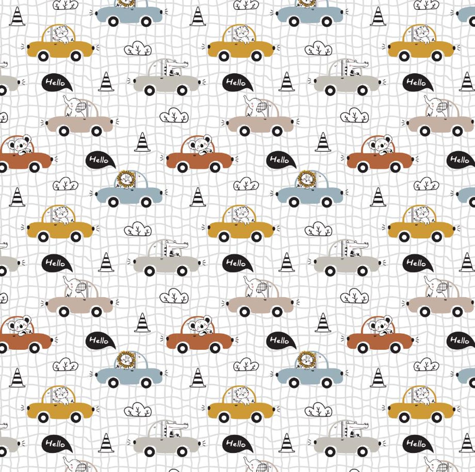 Plaid Cute Little Animals Driving Car Cotton Pattern Childlike Pattern ...