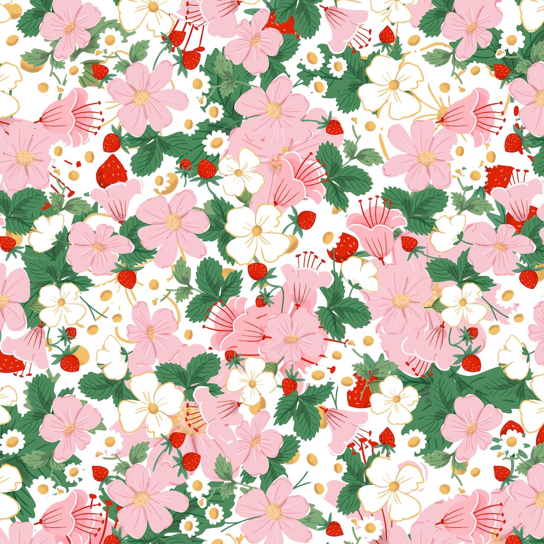 Fresh Strawberry Fabric Strawberry Flower Pattern Cotton Fabric by the ...