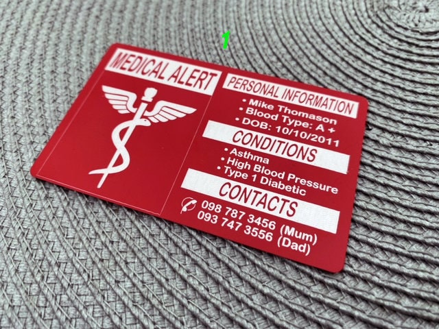 Personalised Medical Alert Card Medic Alert Personalised Card Medical ...