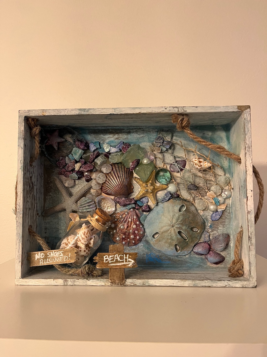 Nautical Beach Decor Wooden Shadow Box for Shelf/ With Sand Dollar ...