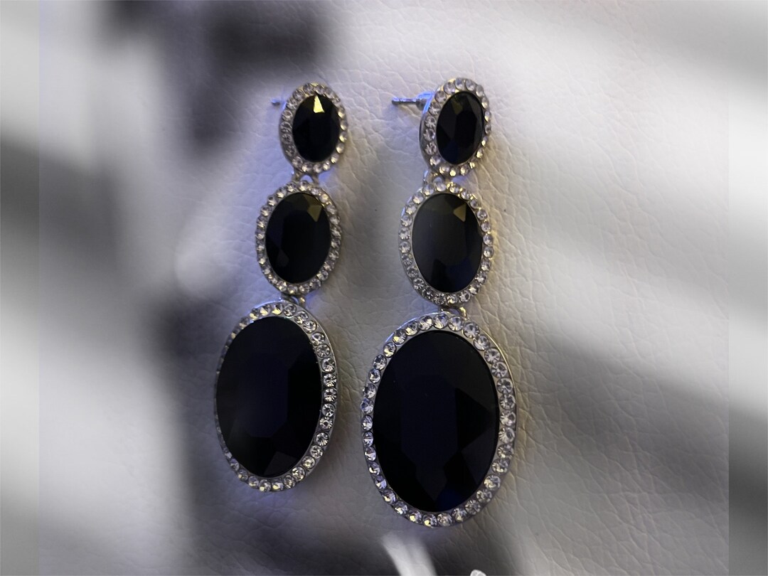 Dramatic Elegant Long Gradual 3 Black Rhinestone Large Earrings - Etsy