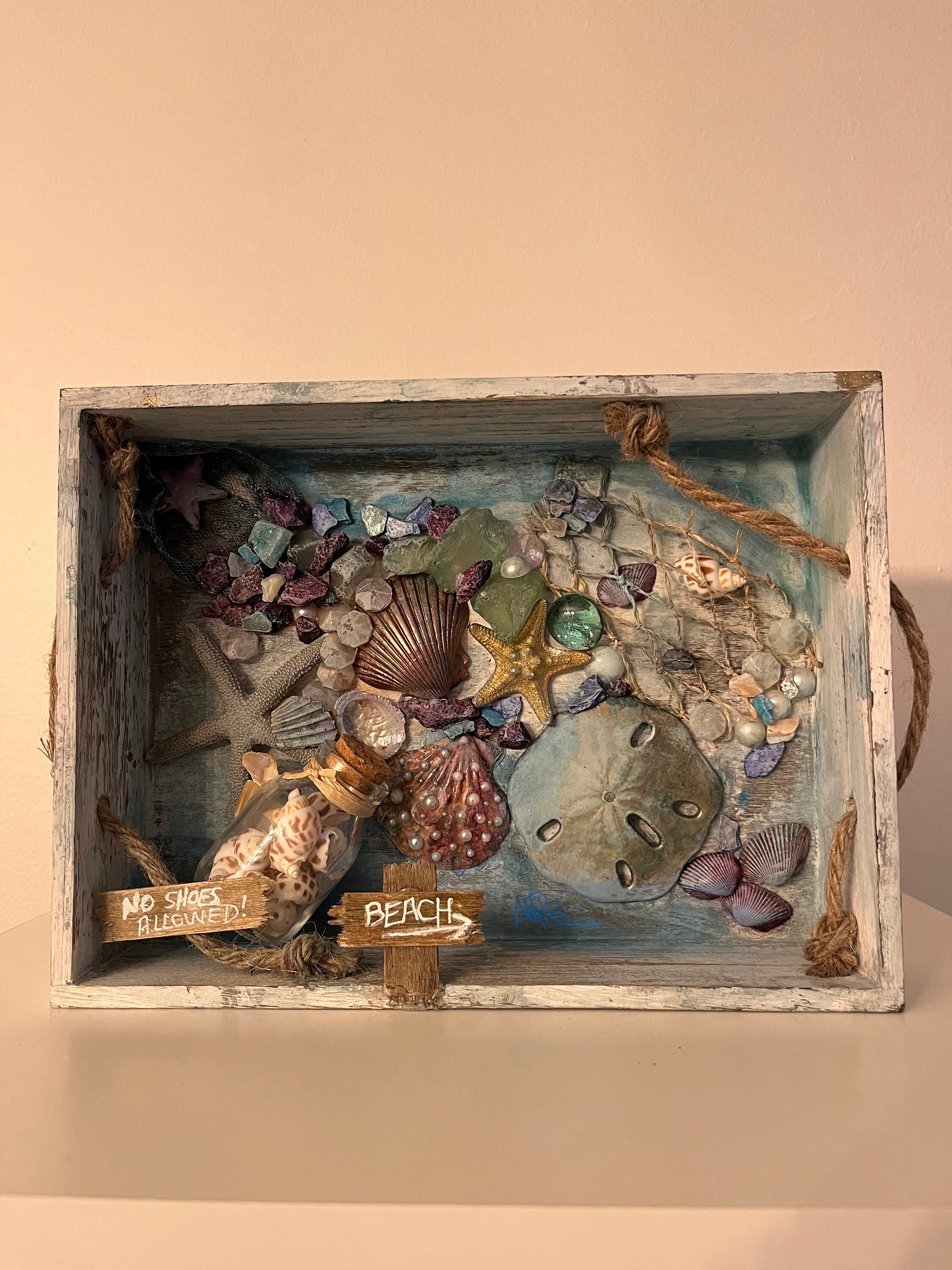 Nautical Beach Decor Wooden Shadow Box for Shelf/ With Sand Dollar ...