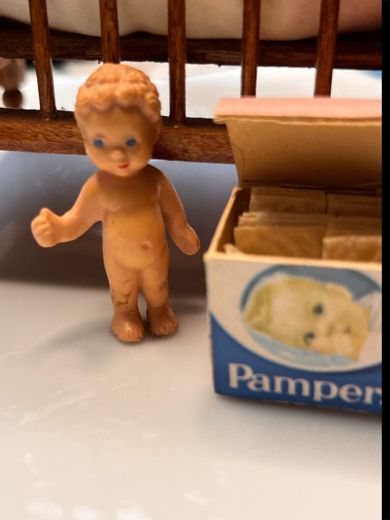 Vintage Artisan Miniature Baby Doll/rubber/plastic With Pampers Pack/1 ...