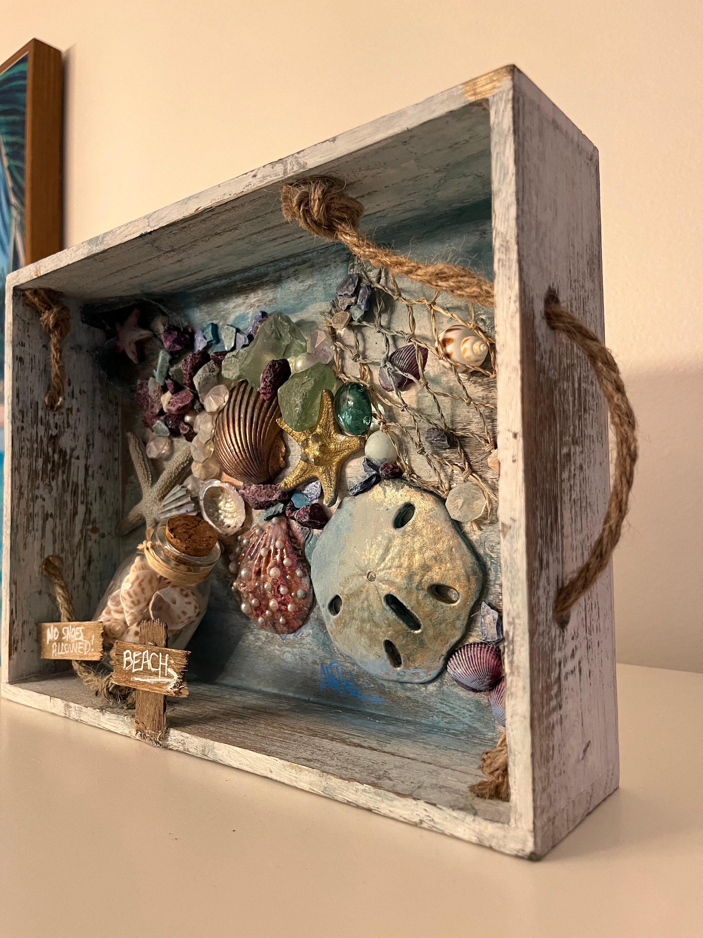 Nautical Beach Decor Wooden Shadow Box for Shelf/ With Sand Dollar ...