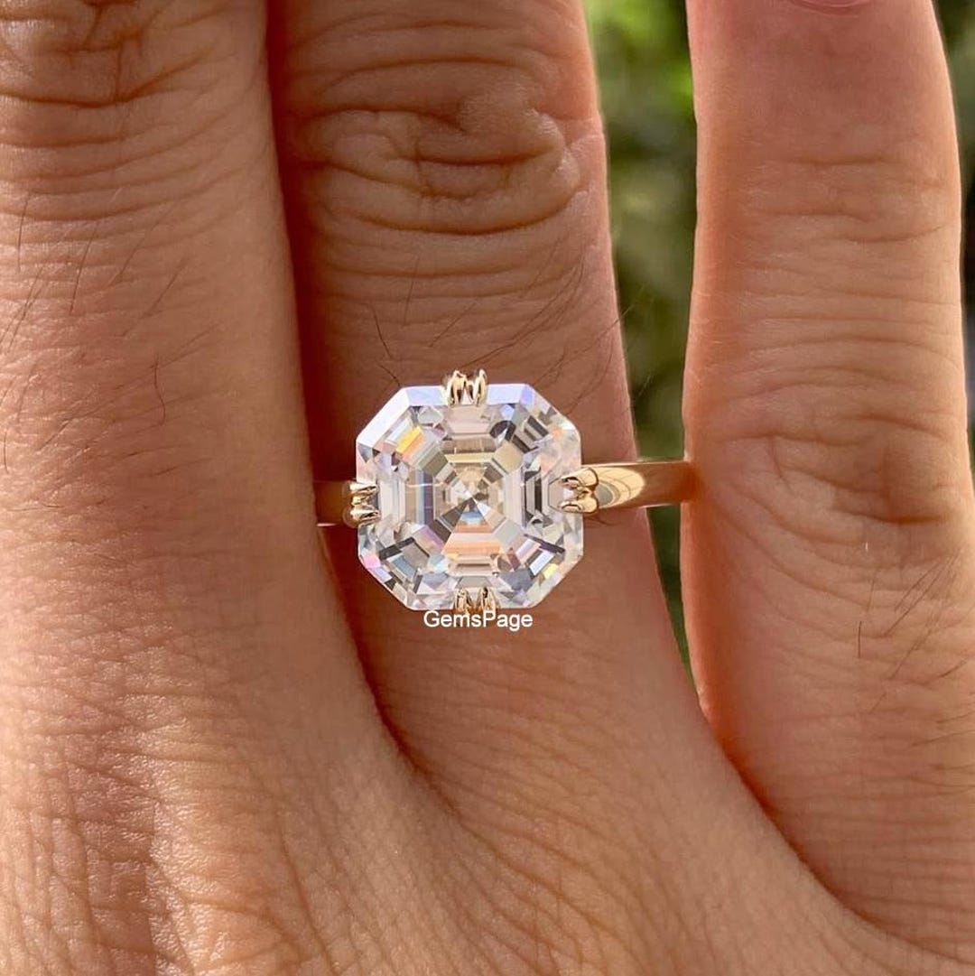 9mm Asscher Cut Moissanite Solitaire Wedding Ring, Attractive Compass ...