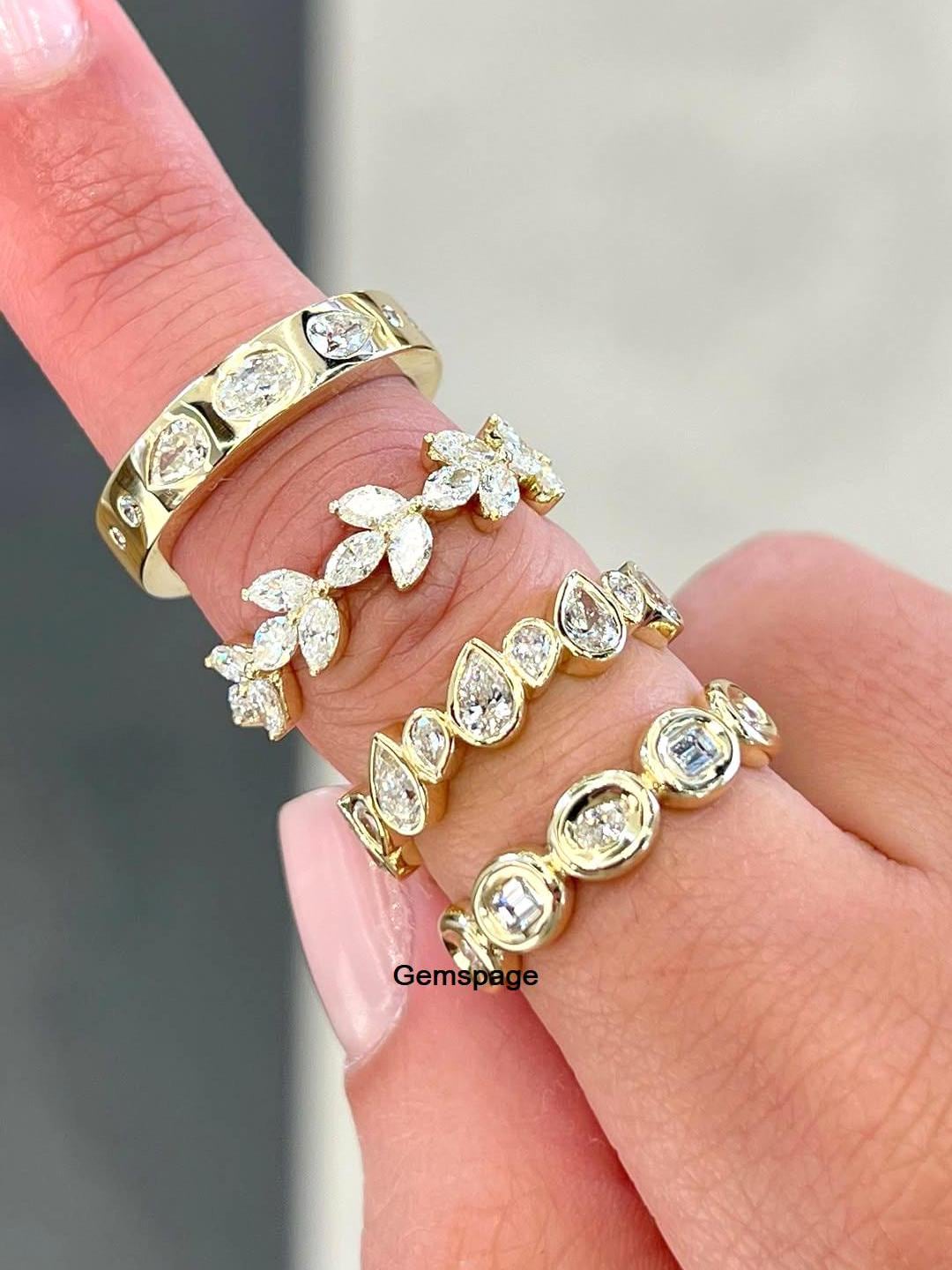 Flush Set Mix Cut Moissanite Band, Marquise Leaf Eternity Wedding Band ...