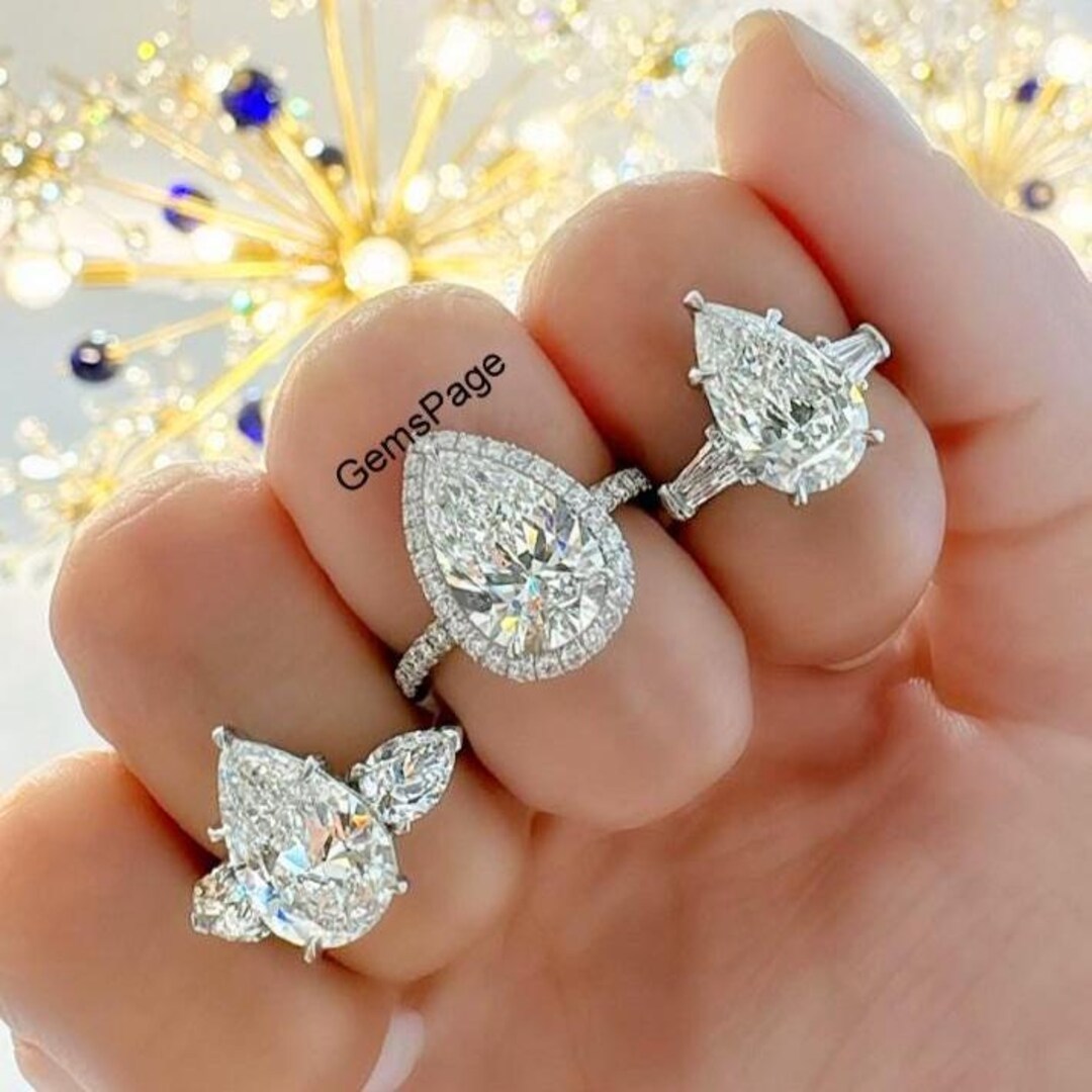 Three Diamond Proposal Ring, Pear Cut Moissanite Ring With Halo & Pave ...