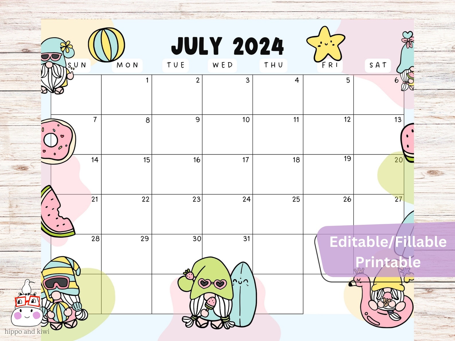 Editable July Calendar 2024, July 2024 Monthly Planner, Summer Calendar ...