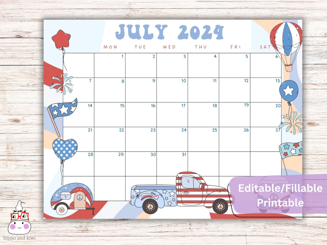 Editable July 2024 Calendar, Fillable July Monthly Calendar With Retro ...
