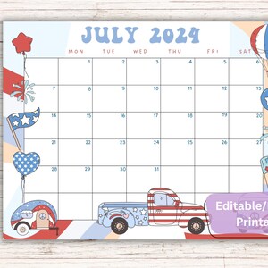 Editable July 2024 Calendar, Fillable July Monthly Calendar With Retro ...