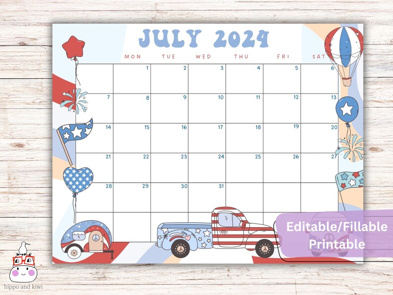 Editable July 2024 Calendar, Fillable July Monthly Calendar With Retro ...