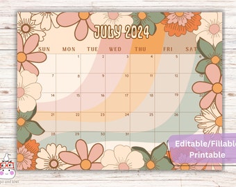 Editable July 2024 Calendar, Fillable July Monthly Calendar With Retro ...