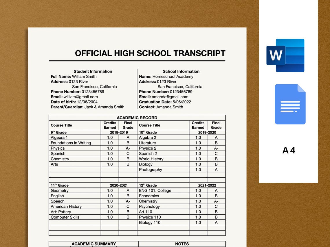 Printable High School Transcript Template, Homeschool Transcript ...
